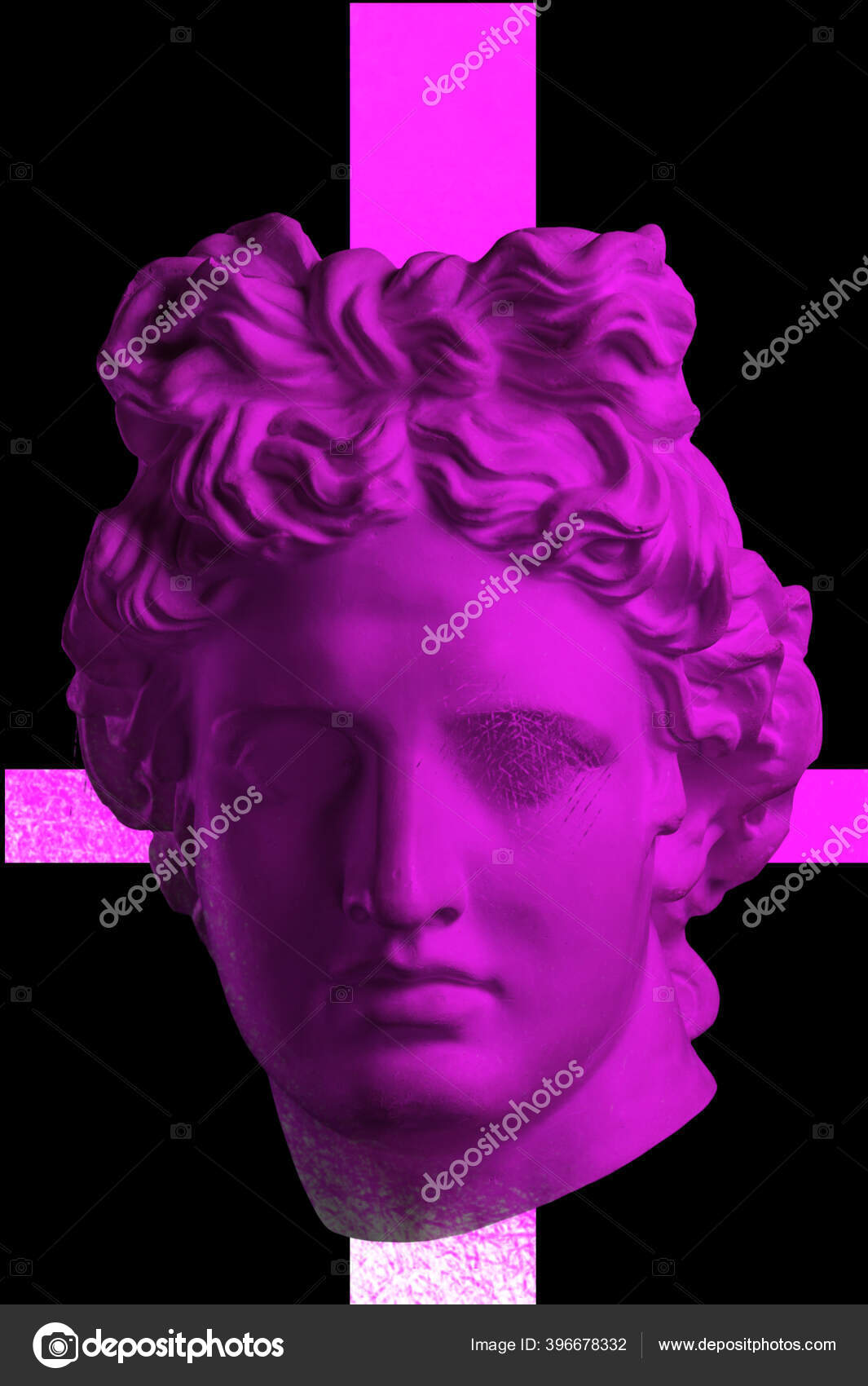 Collage with plaster antique sculpture of human face in a pop art style ...