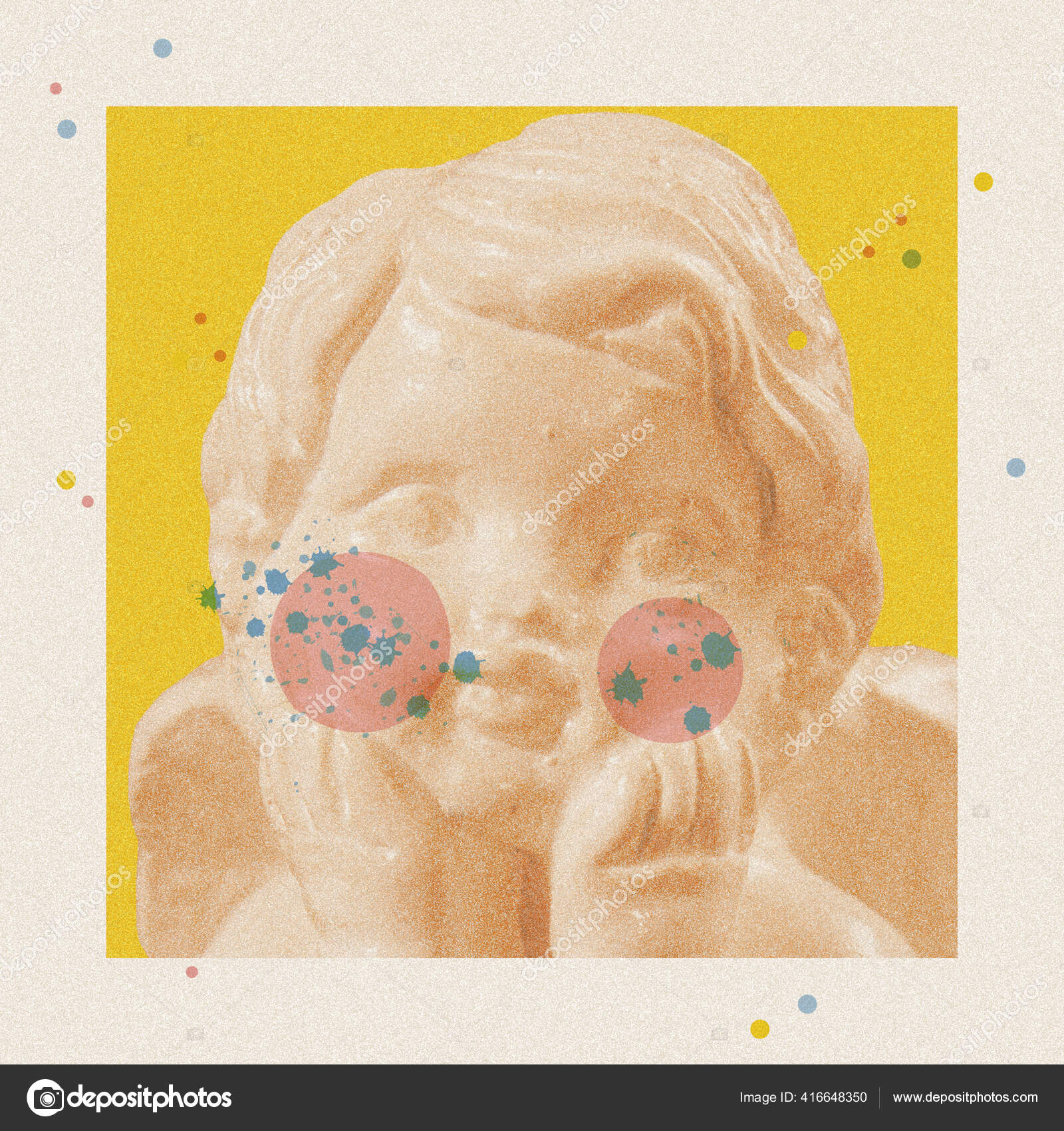 Art collage with antique sculpture of Cupid face and numbers, geometric ...