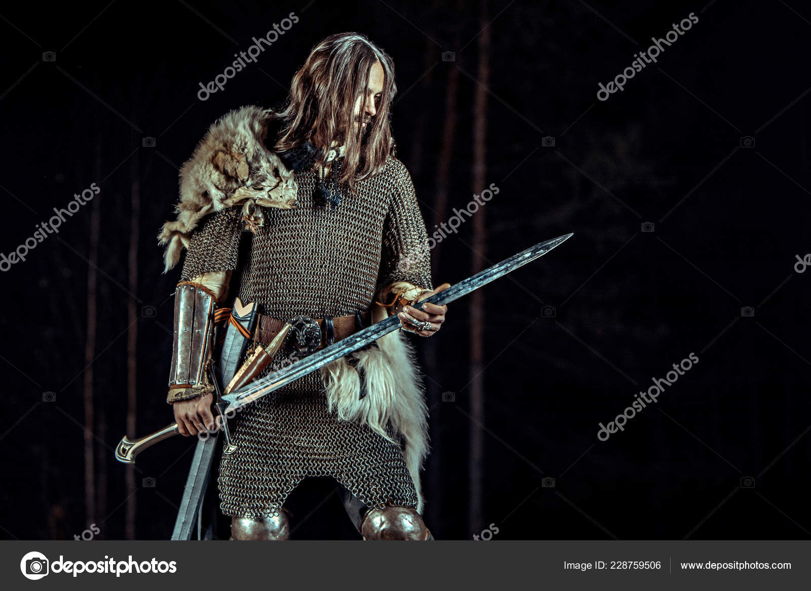 Long Haired Knight Two Handed Sword Rocks Background Stock Photo by ...