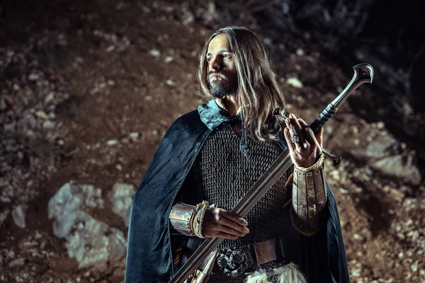 Long Haired Knight Two Handed Sword Medieval Rural Background Stock ...