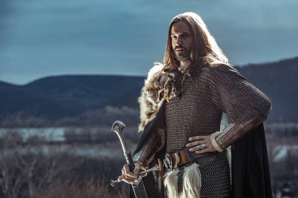 Long Haired Knight Two Handed Sword Medieval Rural Background Stock ...