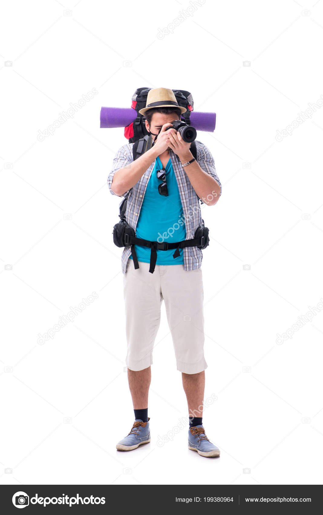 Backpacker with camera isolated on white background — Stock Photo ...
