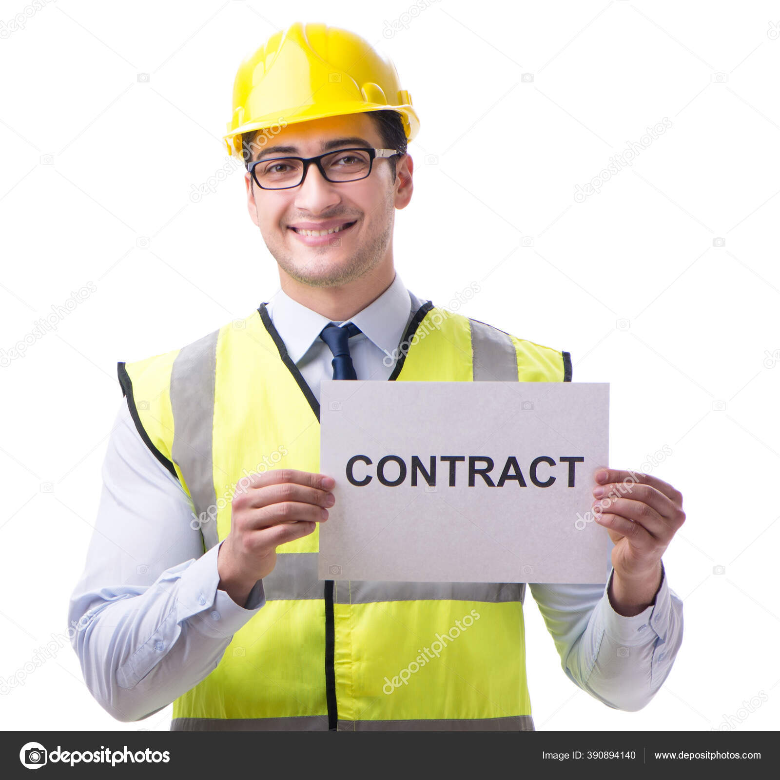 Construction supervisor with contract isolated on white backgrou ...