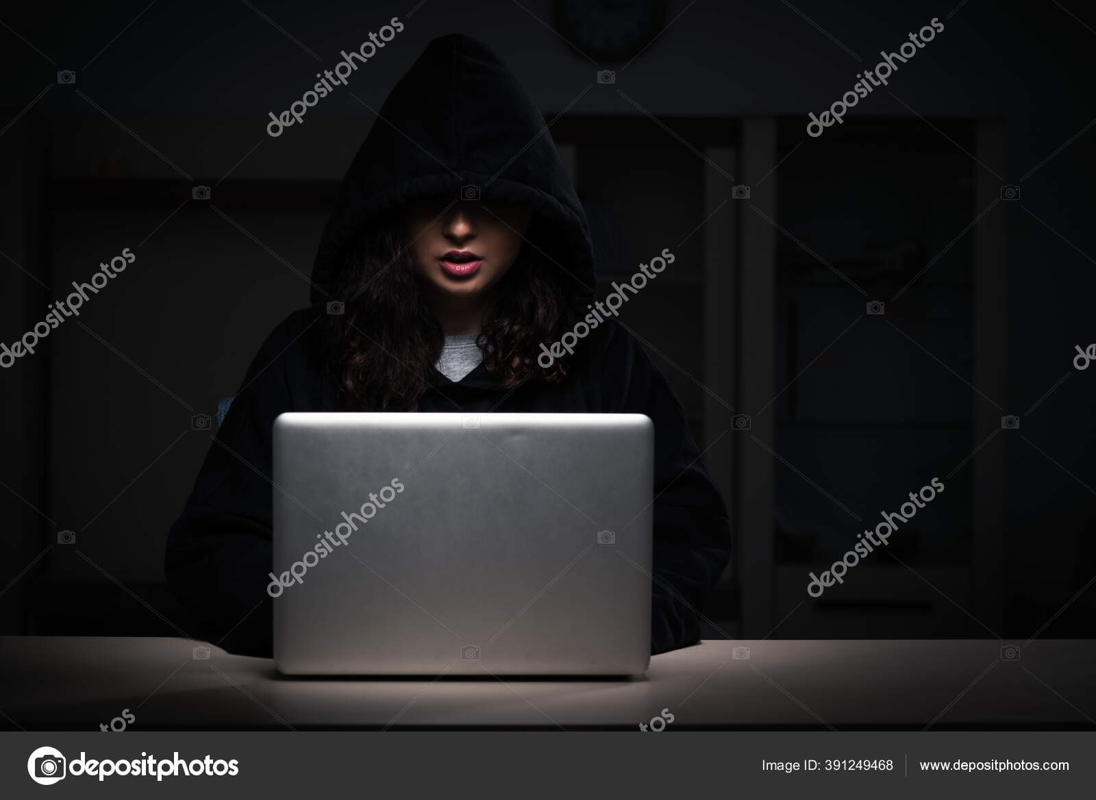 Female hacker hacking security firewall late in office — Stock Photo ...