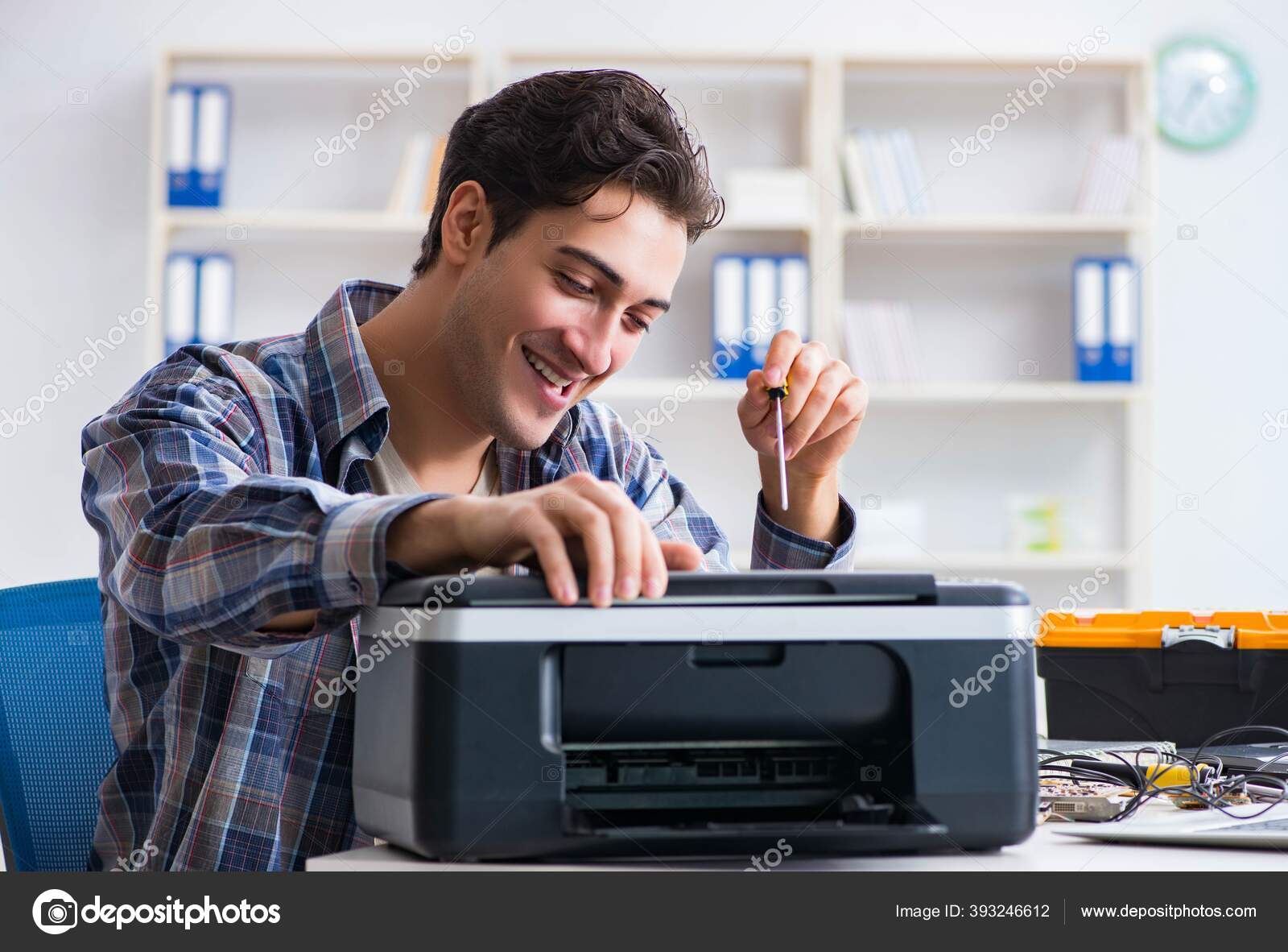 Hardware repairman repairing broken printer fax machine — Stock Photo ...
