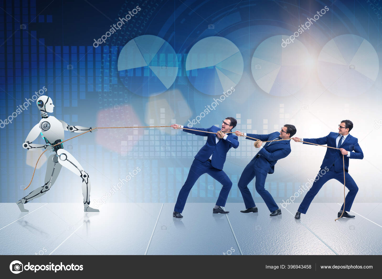 Competition between humans and robots in tug of war concept — Stock ...