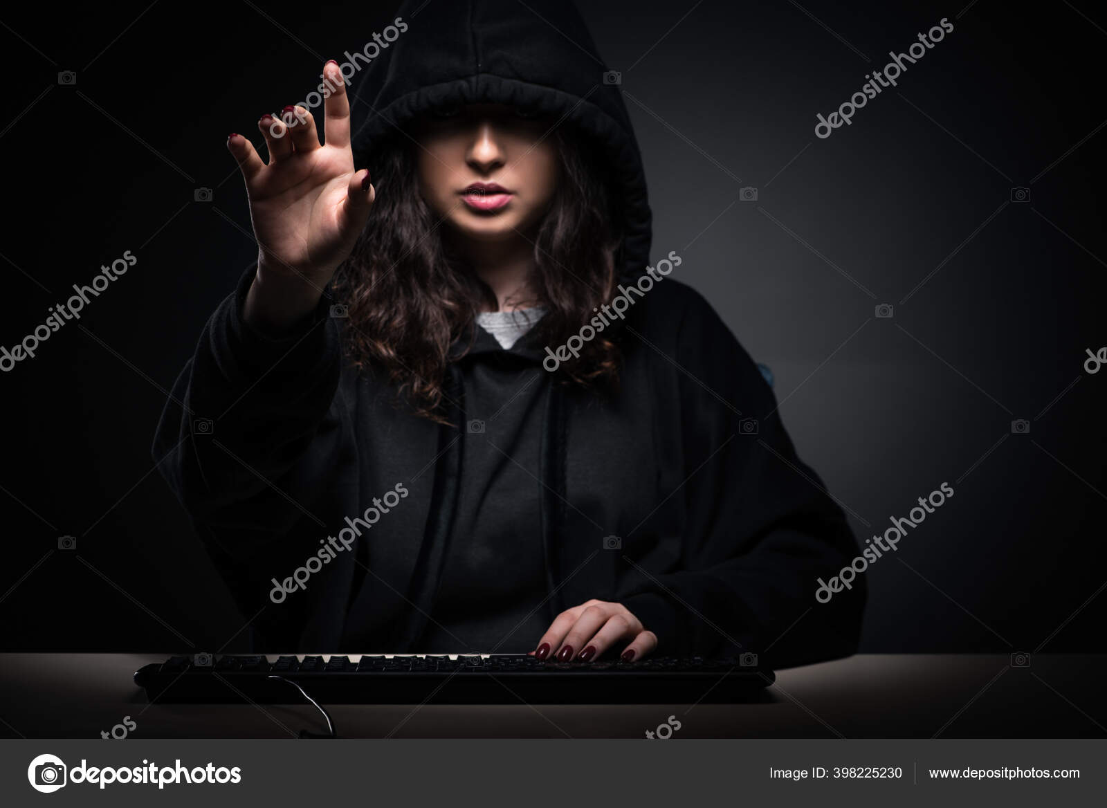 Female hacker hacking security firewall late in office Stock Photo by ...