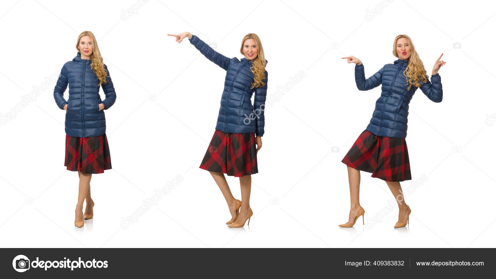 Pretty female model in blue jacket isolated on white — Stock Photo ...