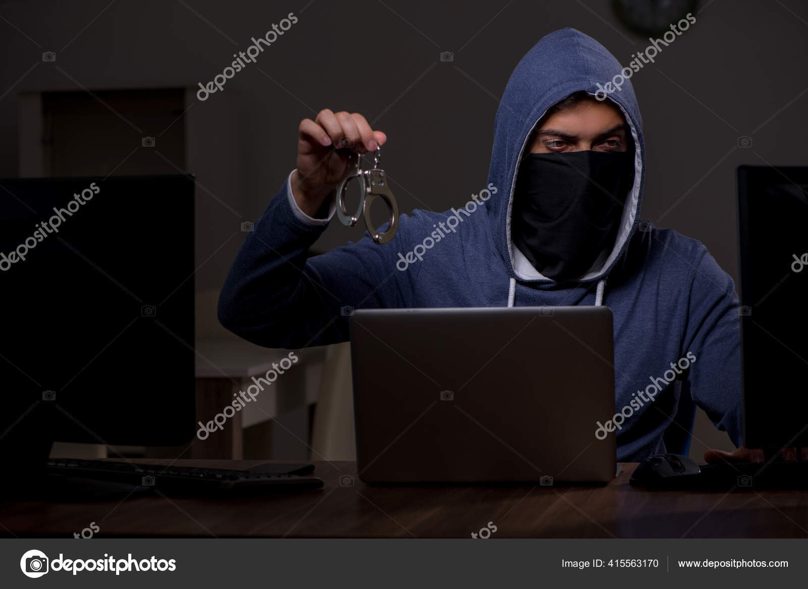 Male hacker hacking security firewall late in office — Stock Photo ...