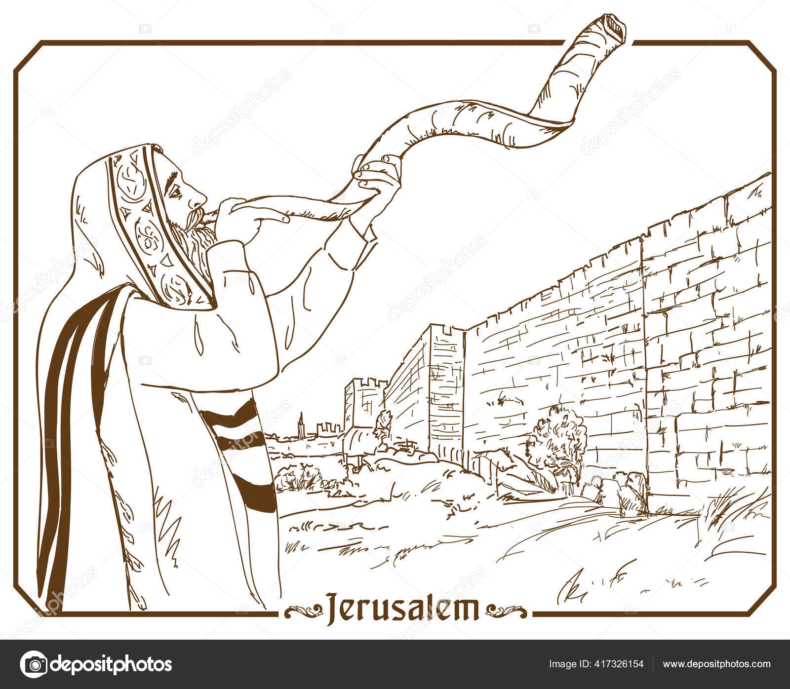 Jew Tallit Blowing Shofar Rosh Hashanah Hand Drawing Illustration Stock ...