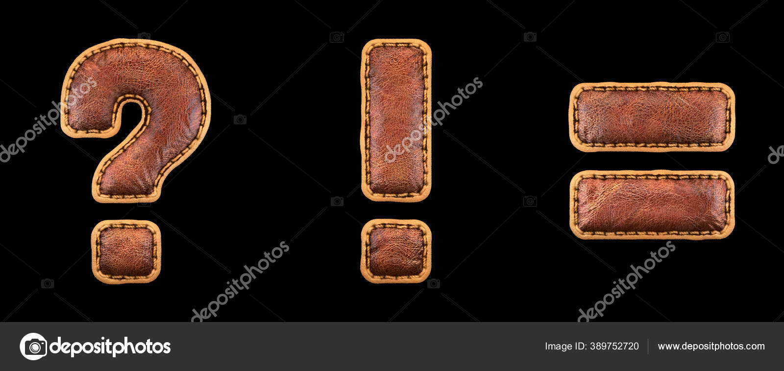 Set of symbols question mark, exclamation mark, equals made of leather ...