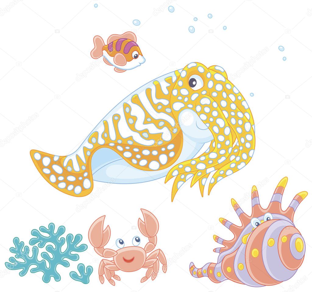 sepia manchada y un pequeño pez rayado nadando sobre un coral, un ...