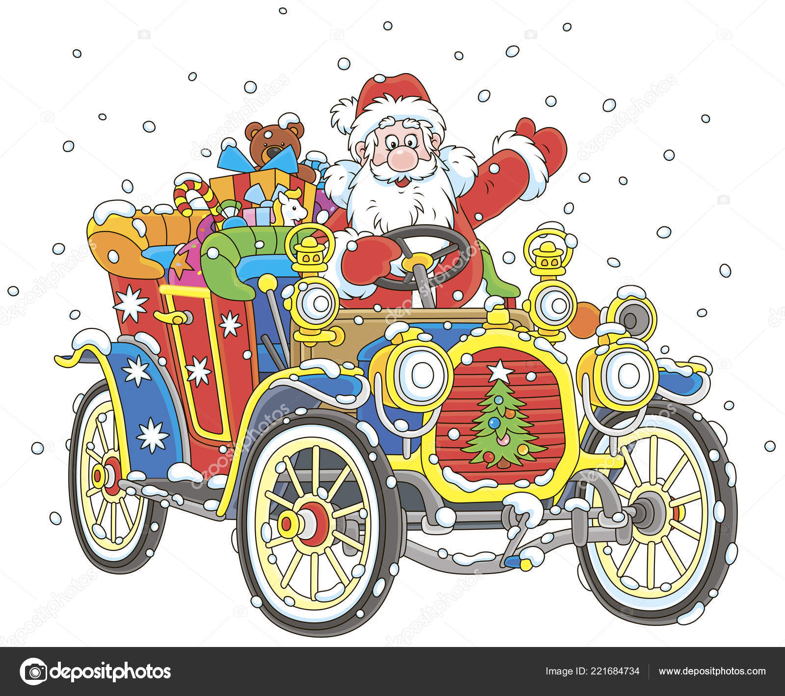 Santa Claus Driving His Car Christmas Gifts Vector Illustration Cartoon ...