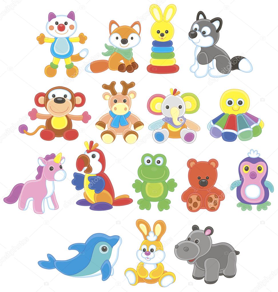 Colección de animales de juguete divertidos y coloridos, ilustraciones ...