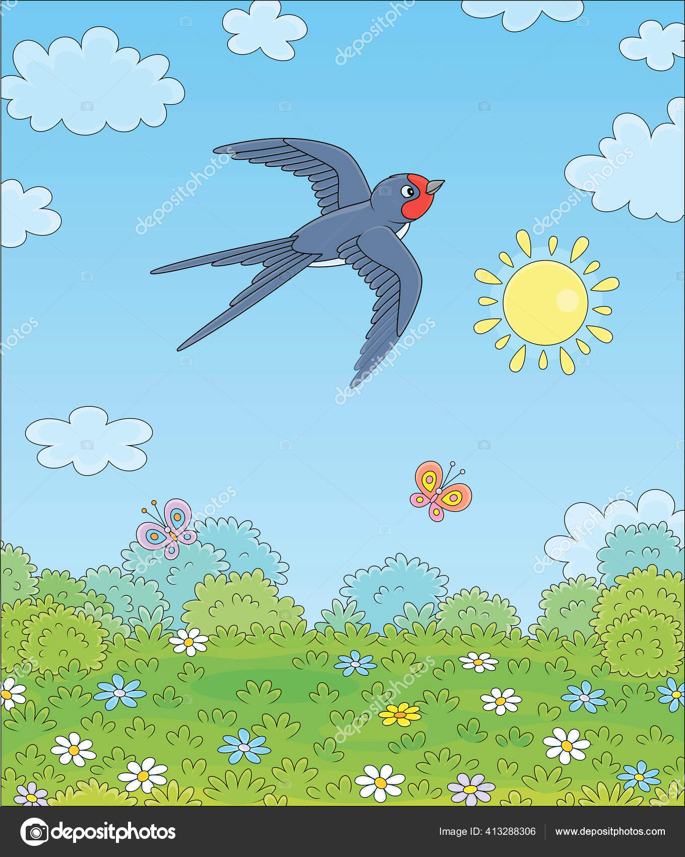 Swift Flying Small Swallow Blue Summer Sky Green Field Butterflies ...