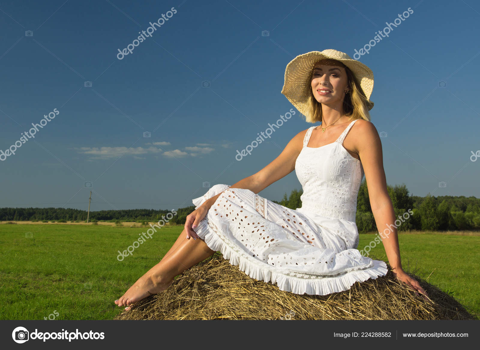 Beautiful Young Girl Haystack Summer Field — Stock Photo © Demian ...