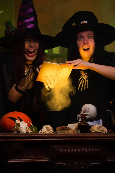 Picture of laughing two witches in black hats reading book of ...