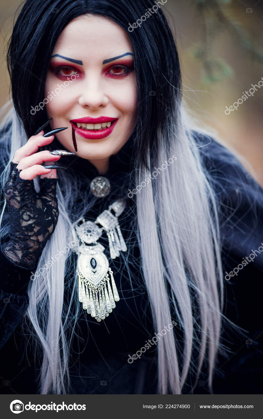 Image of smiling vampire woman with stream of blood near mouth — Stock ...