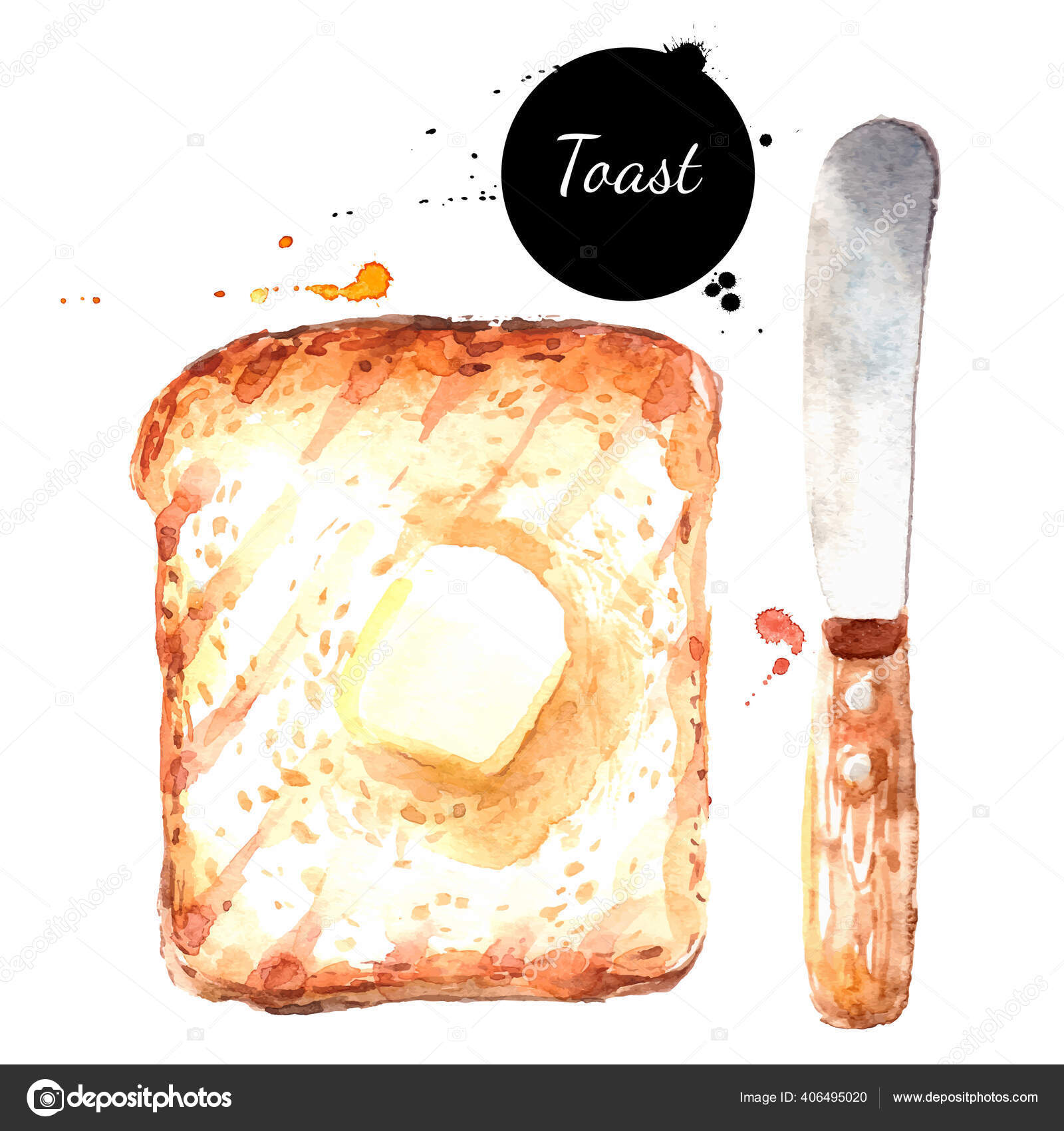 Watercolor Hand Drawn Breakfast Illustration Toast Butter Vector ...