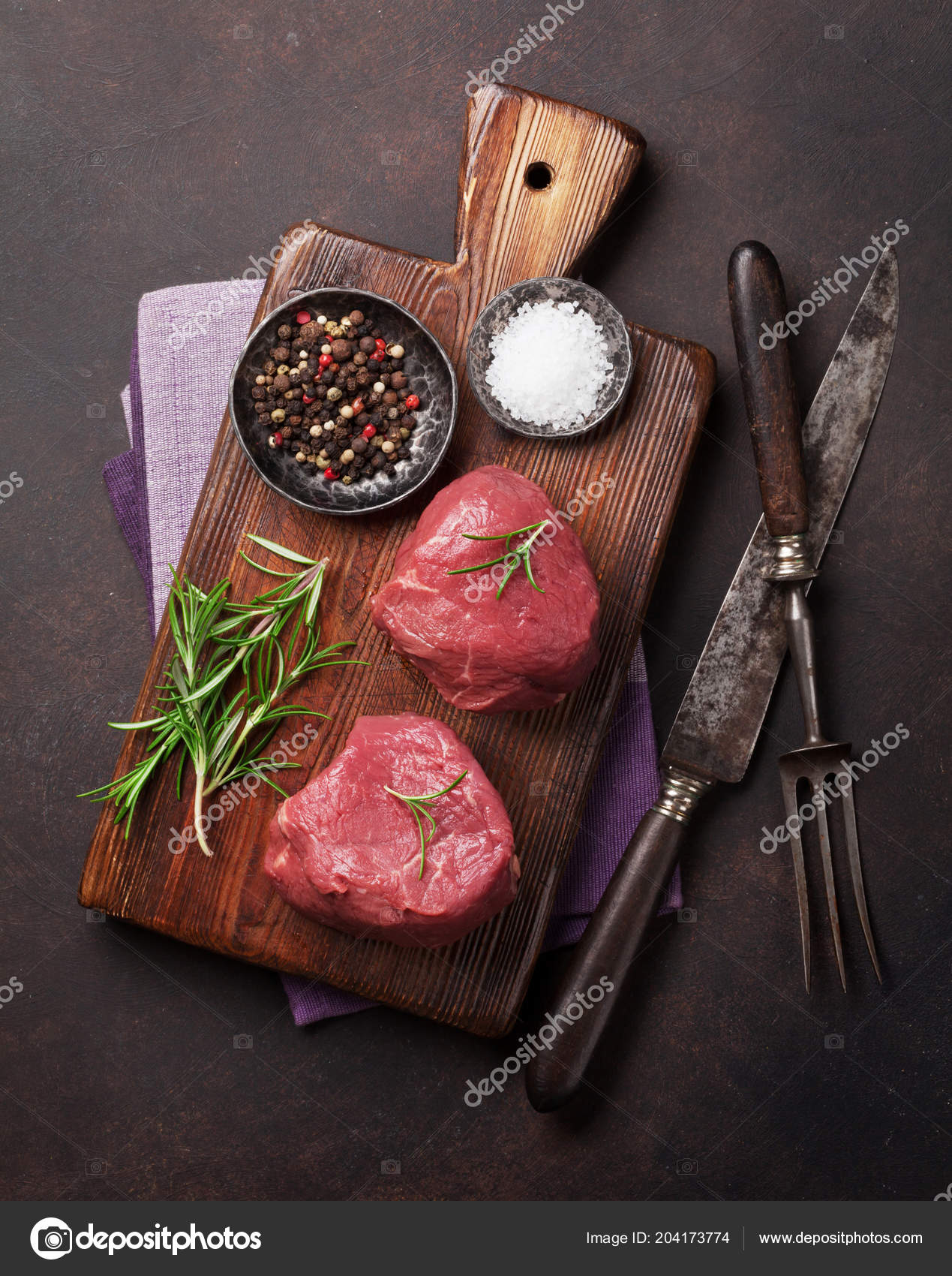 Raw Fillet Steak Cooking Stone Table Top View — Stock Photo © karandaev ...