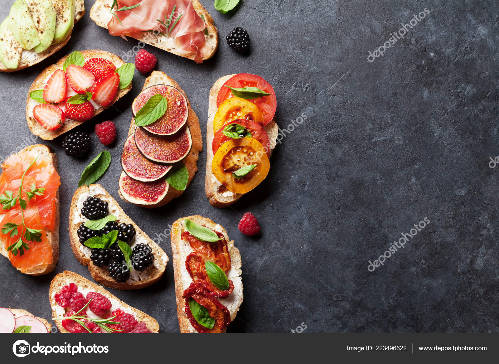 Traditional Spanish Tapas Bruschetta Dark Stone Background Stock Photo ...