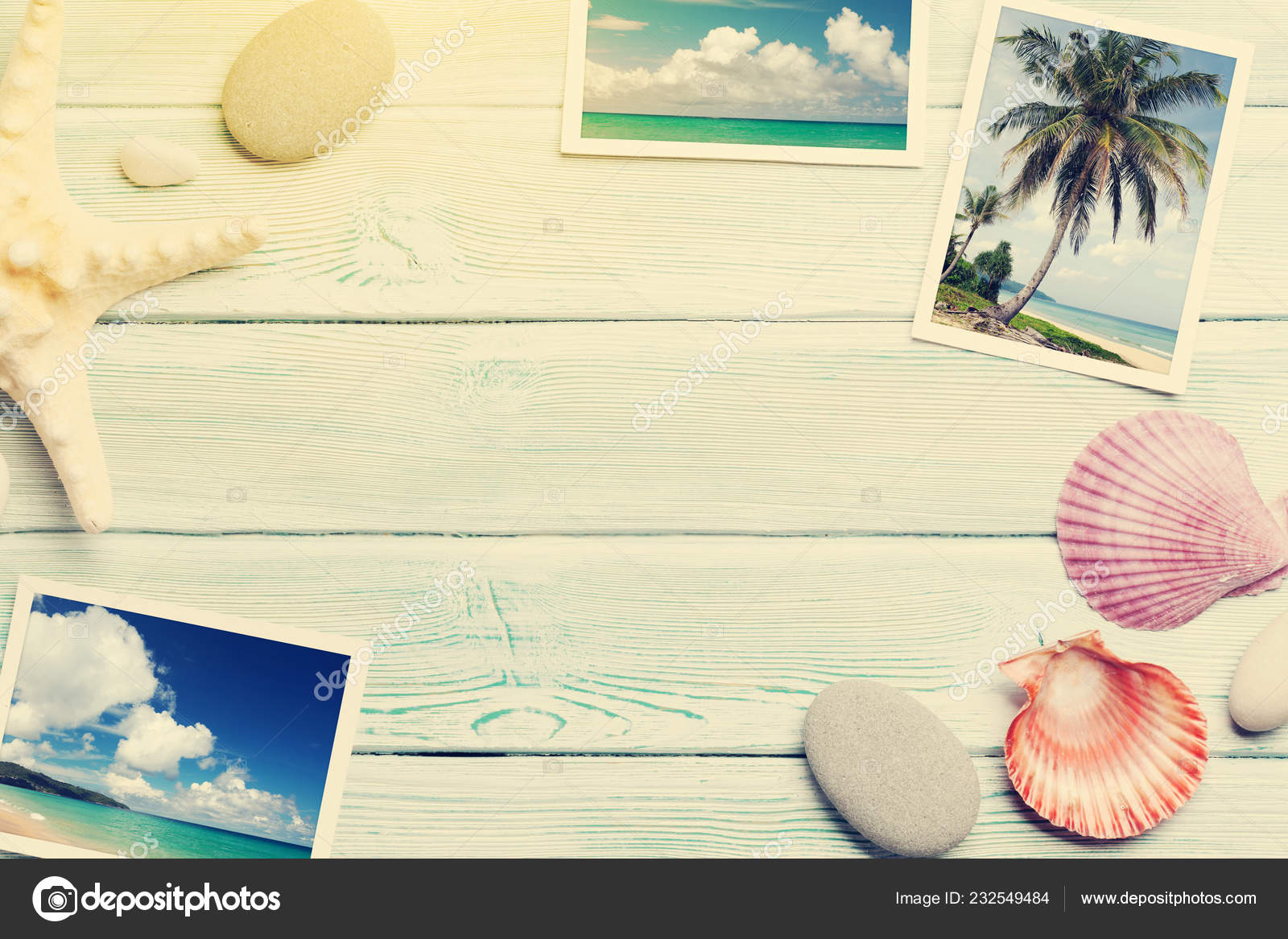 Travel Vacation Table Concept Seashells Summer Photos Wooden Table Top ...