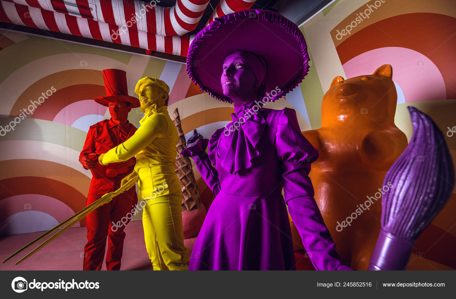 Group Stylized Fantasy Actors Scenic Make Bright Colored Background ...