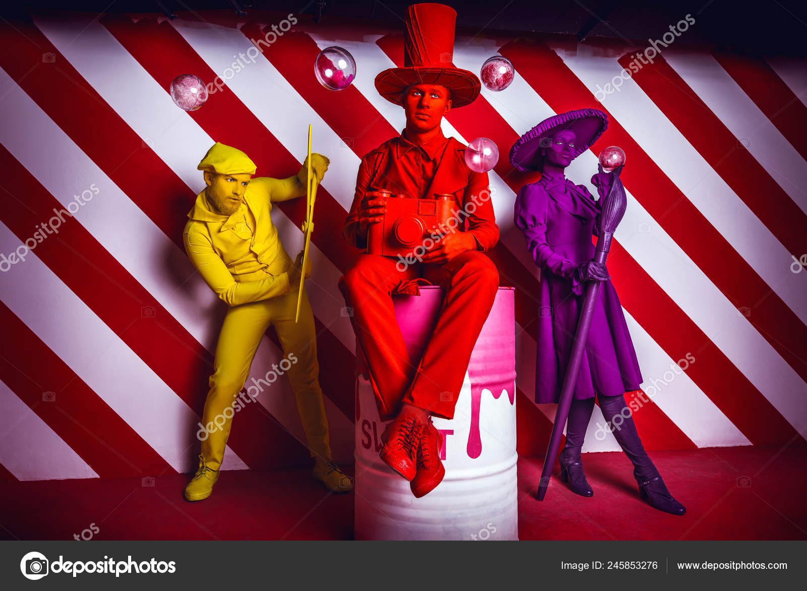 Group Stylized Fantasy Actors Scenic Make Bright Colored Background ...