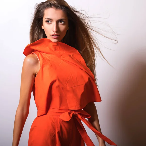 Young Model Woman Orange Dress Pose Studio Stock Photo by ©innervision ...