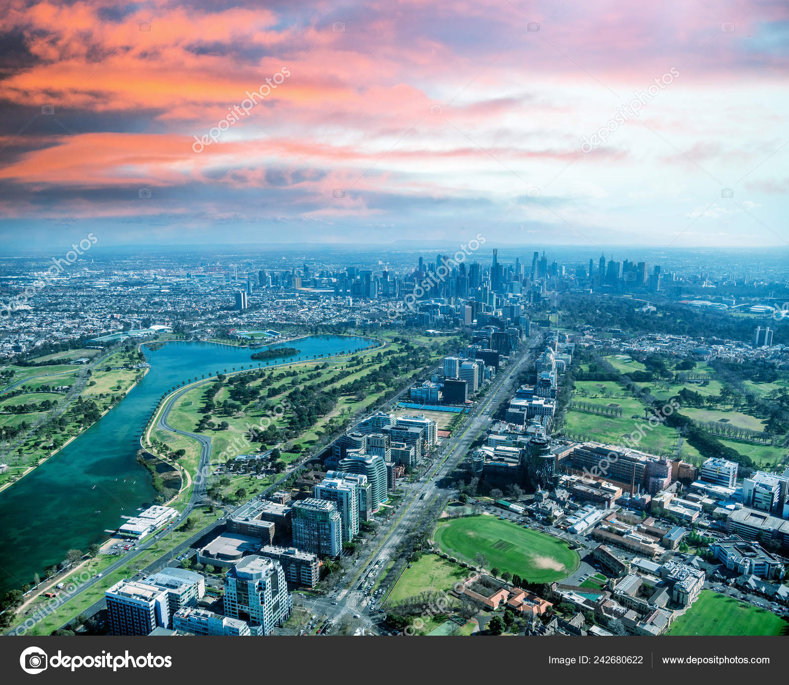 Aerial View Melbourne Skyline Helicopter Beautiful Sunny Day Australia ...