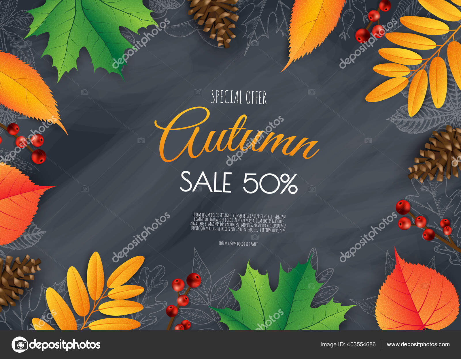 Autumn sale flyer template. Bright fall leaves. Poster, card, label ...