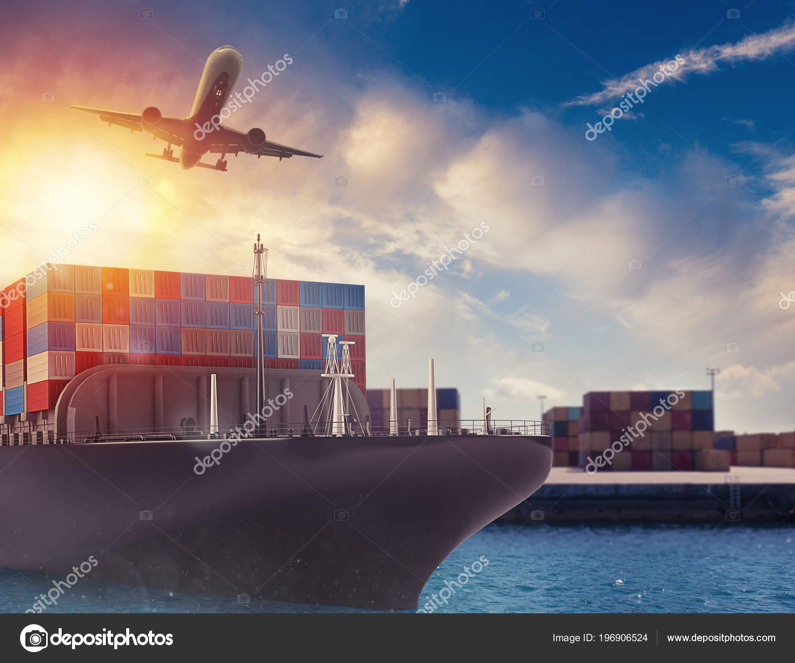 Cargo ship and airplane at the port ready to travel with packages. 3d ...