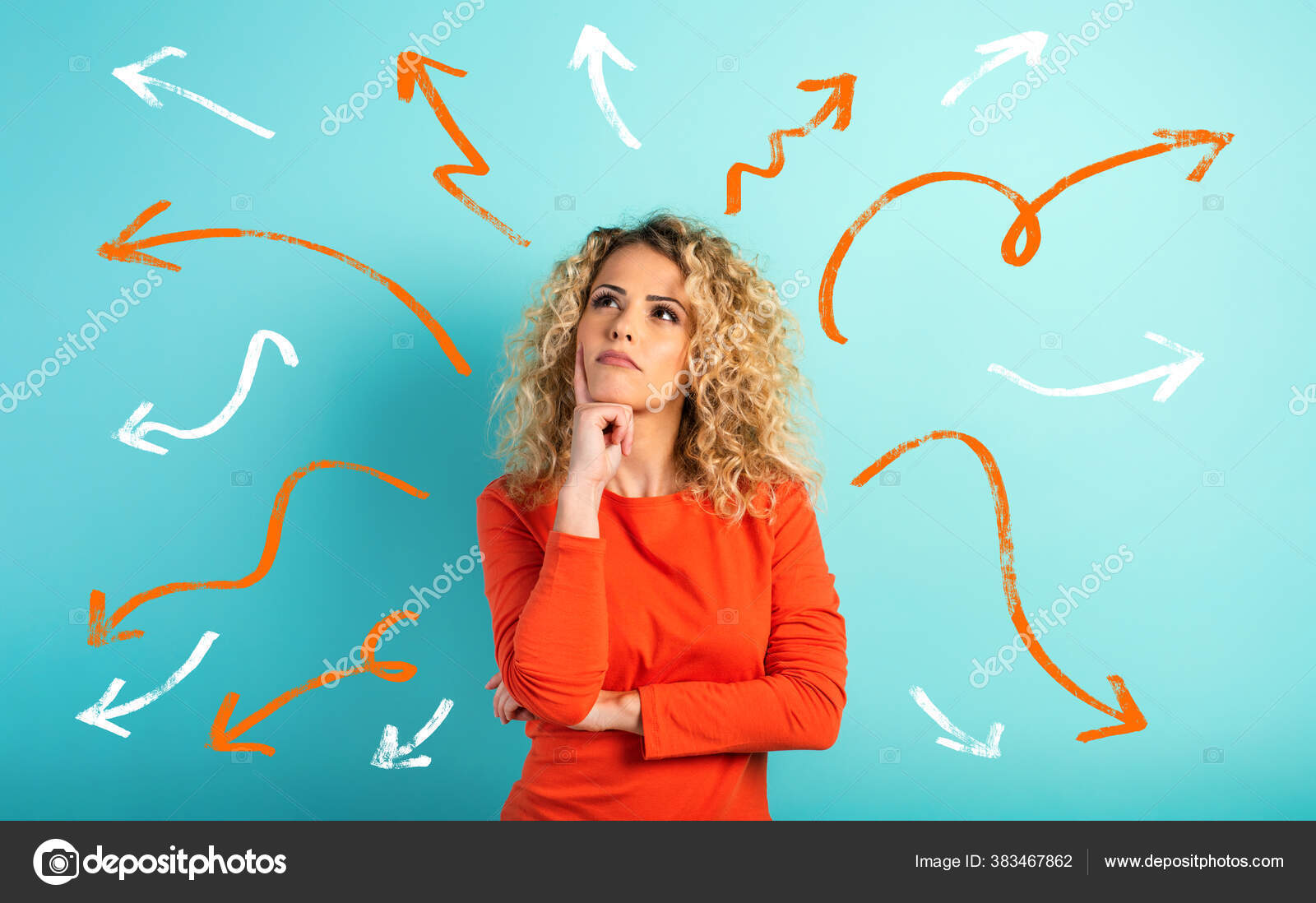Confused woman have to choose the right arrow to follow. Concept of ...