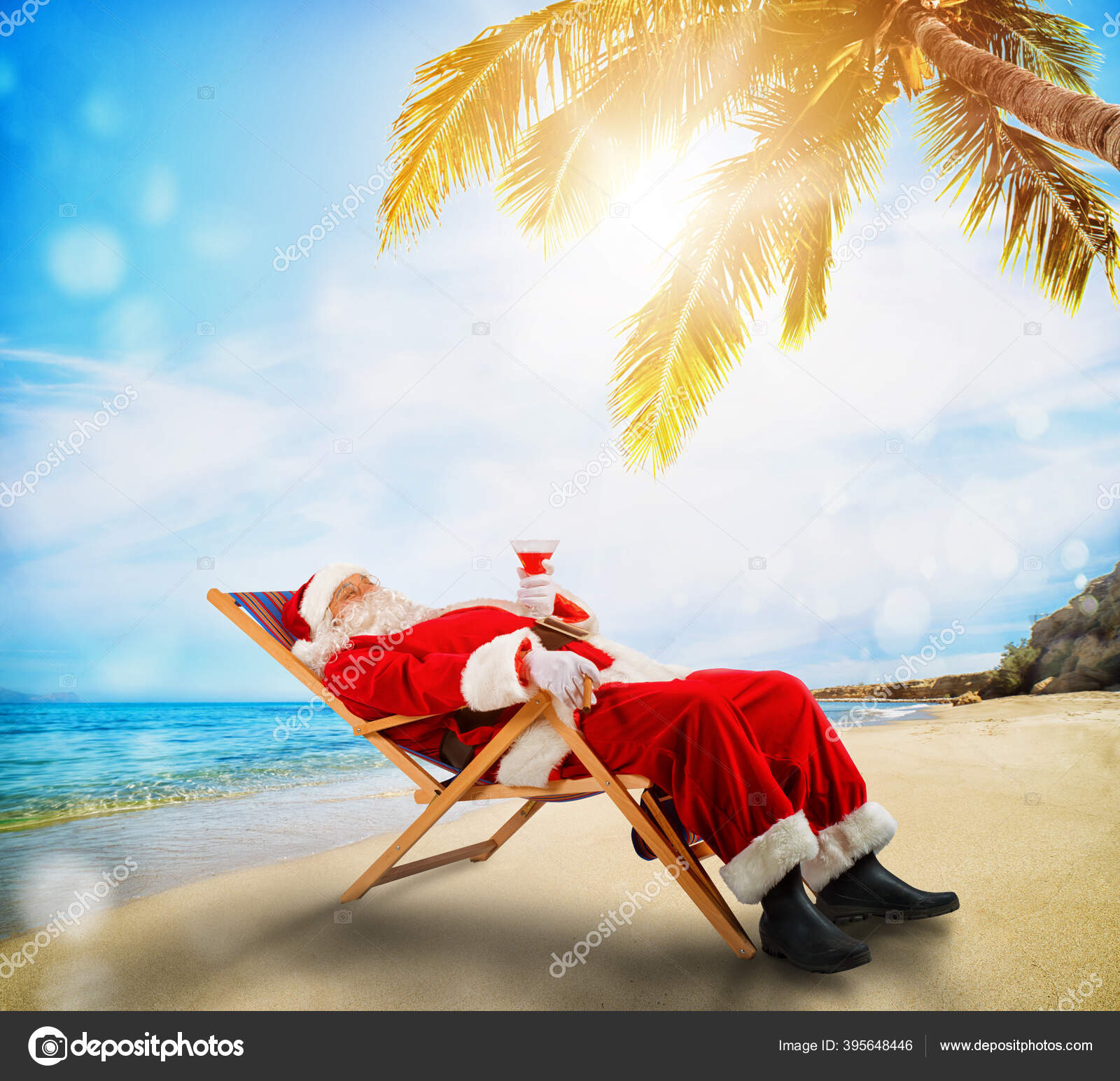 Santa Claus relaxing on a deckchair in a tropical beach Stock Photo by ...