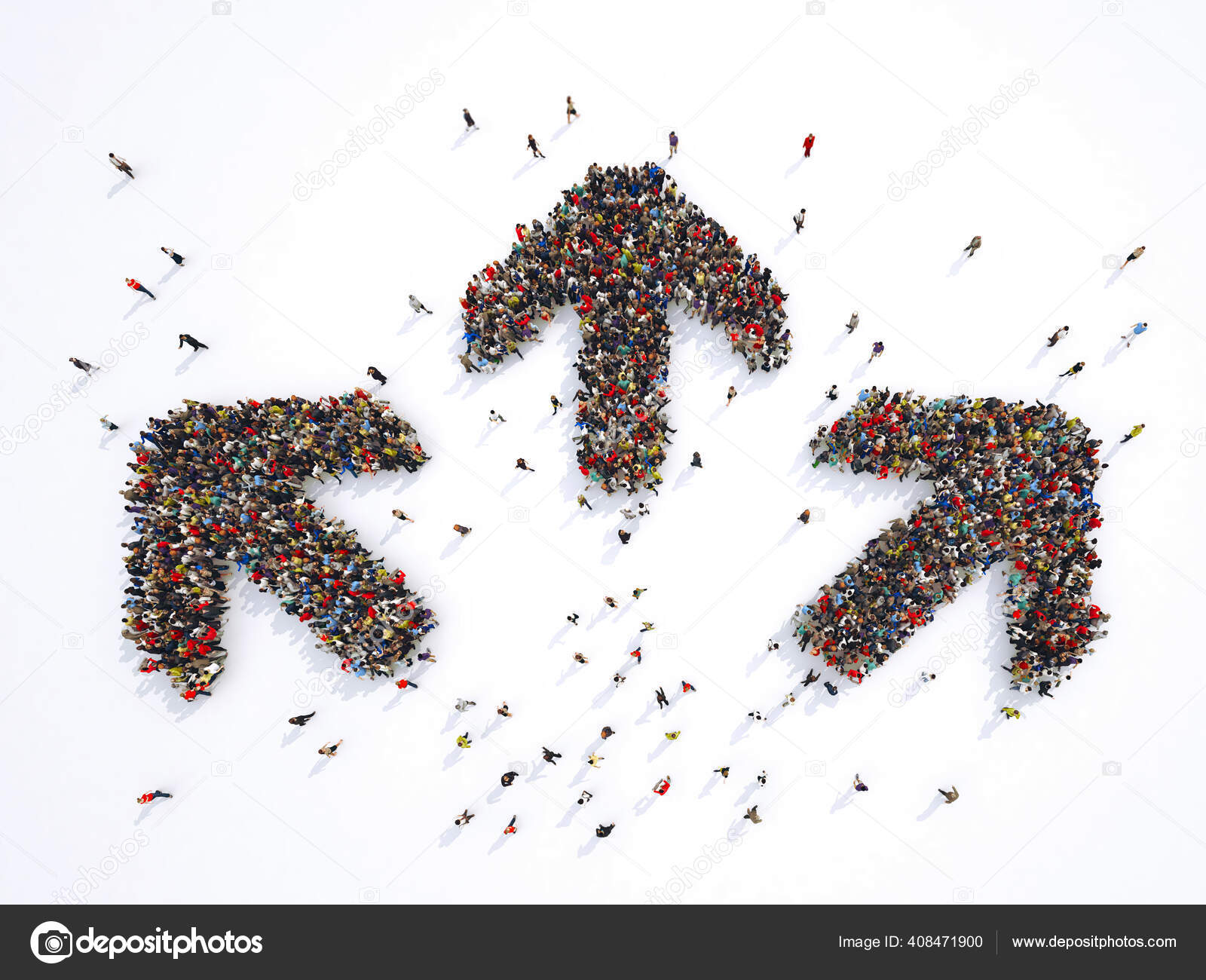 Crowd of people forming three arrows that go in three different ...
