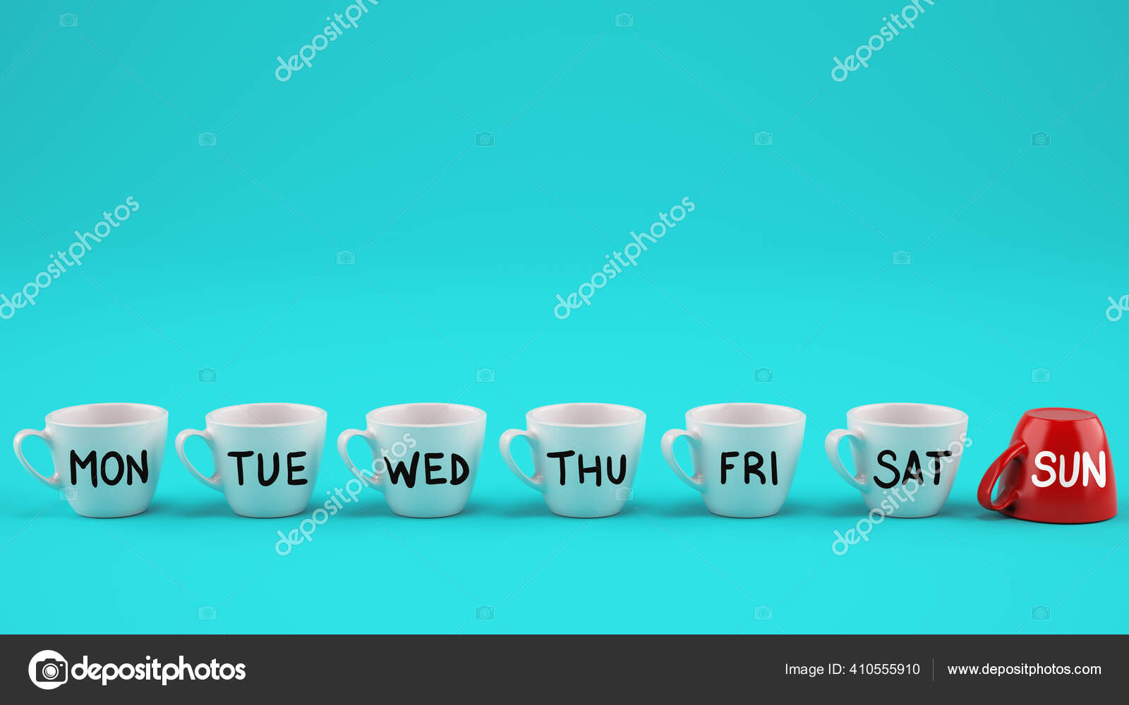 Working week concept. White weekday coffee cups and festive red cup ...