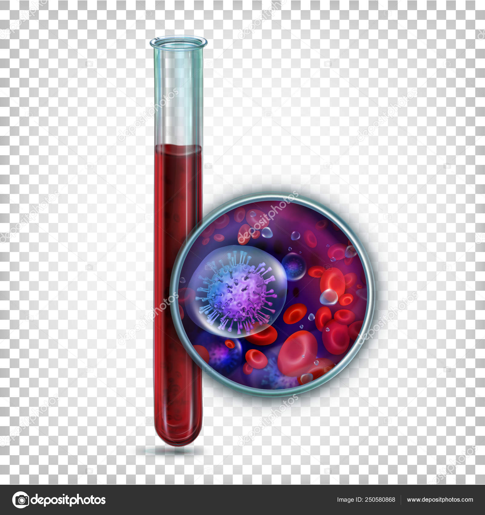 Tube à essai en verre de laboratoire avec du sang. Élargissement du ...
