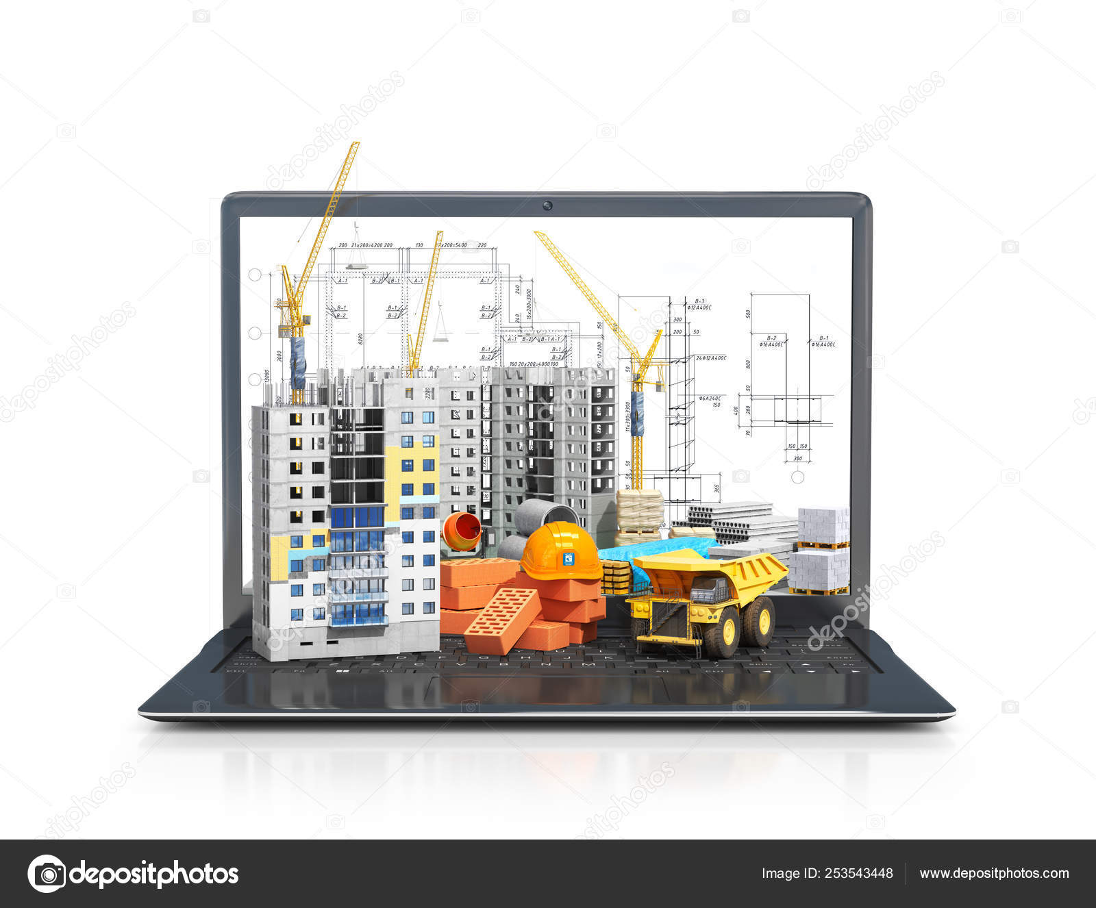 Construction site on the screen of a portable computer, skyscraper ...