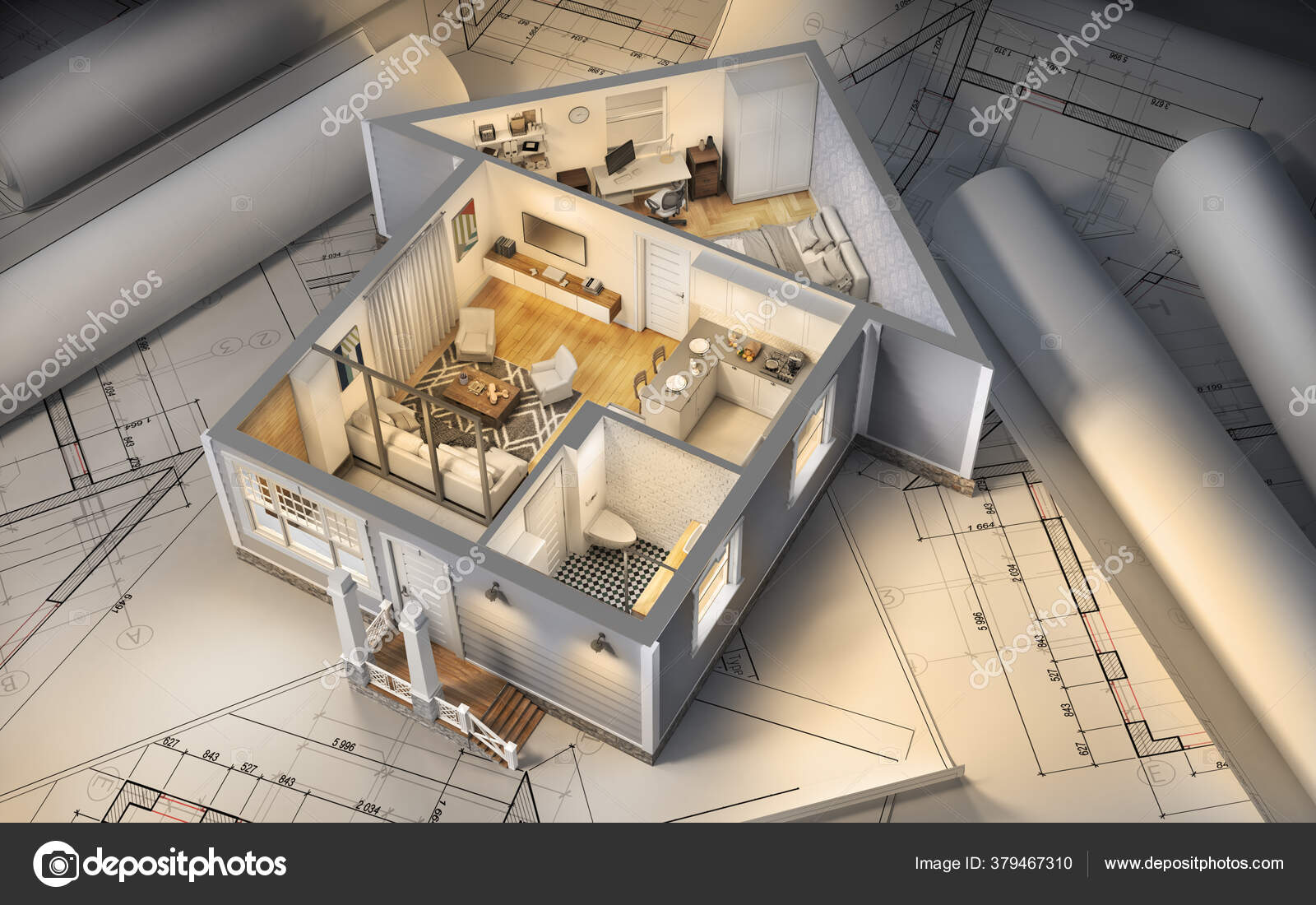 Sliced House Interior Form House Night Time Blueprints Illustration ...