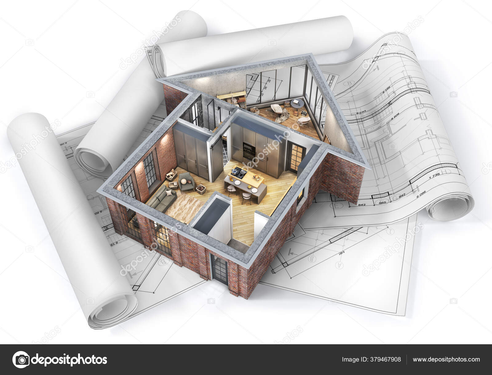 Sliced House Interior Form House White Background Blueprints ...