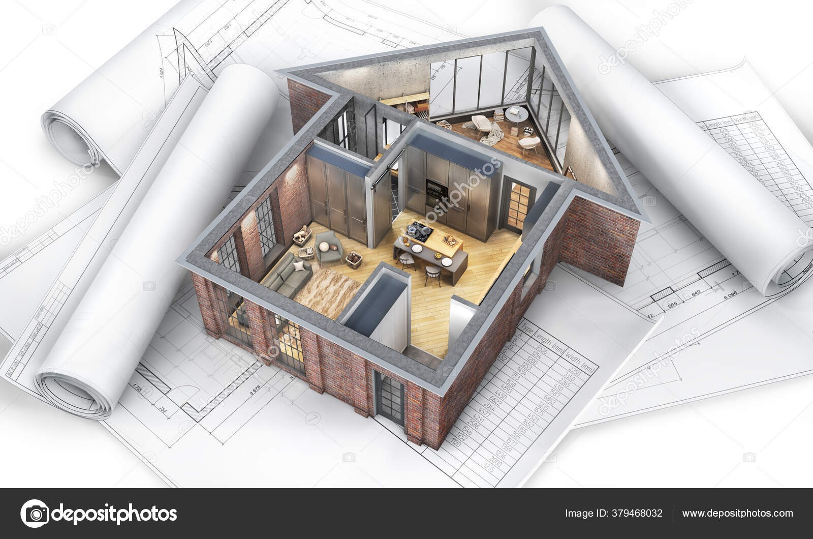 Sliced House Interior Form House White Background Blueprints ...
