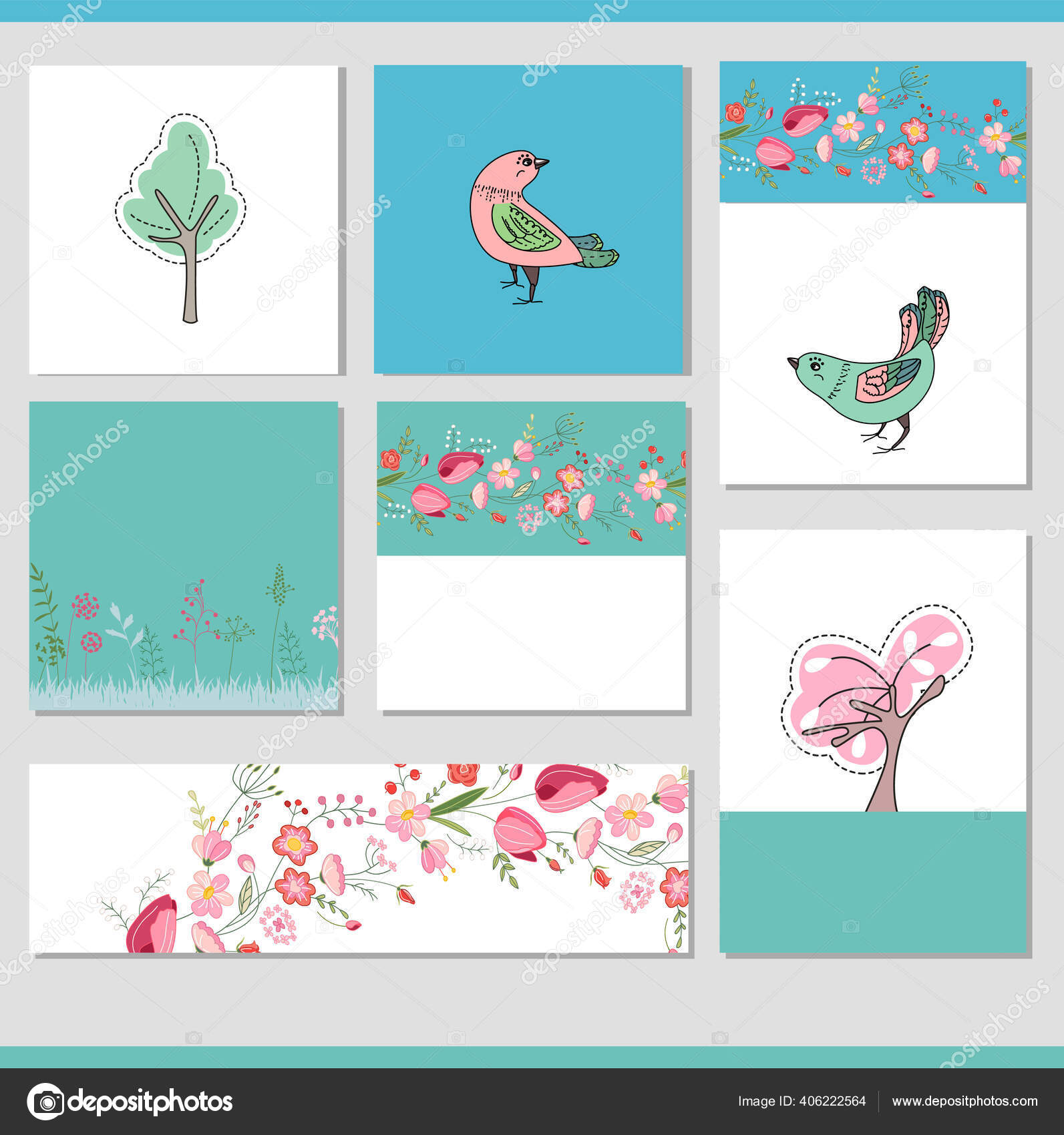 Set Different Floral Spring Templates Birds Cards Your Design ...