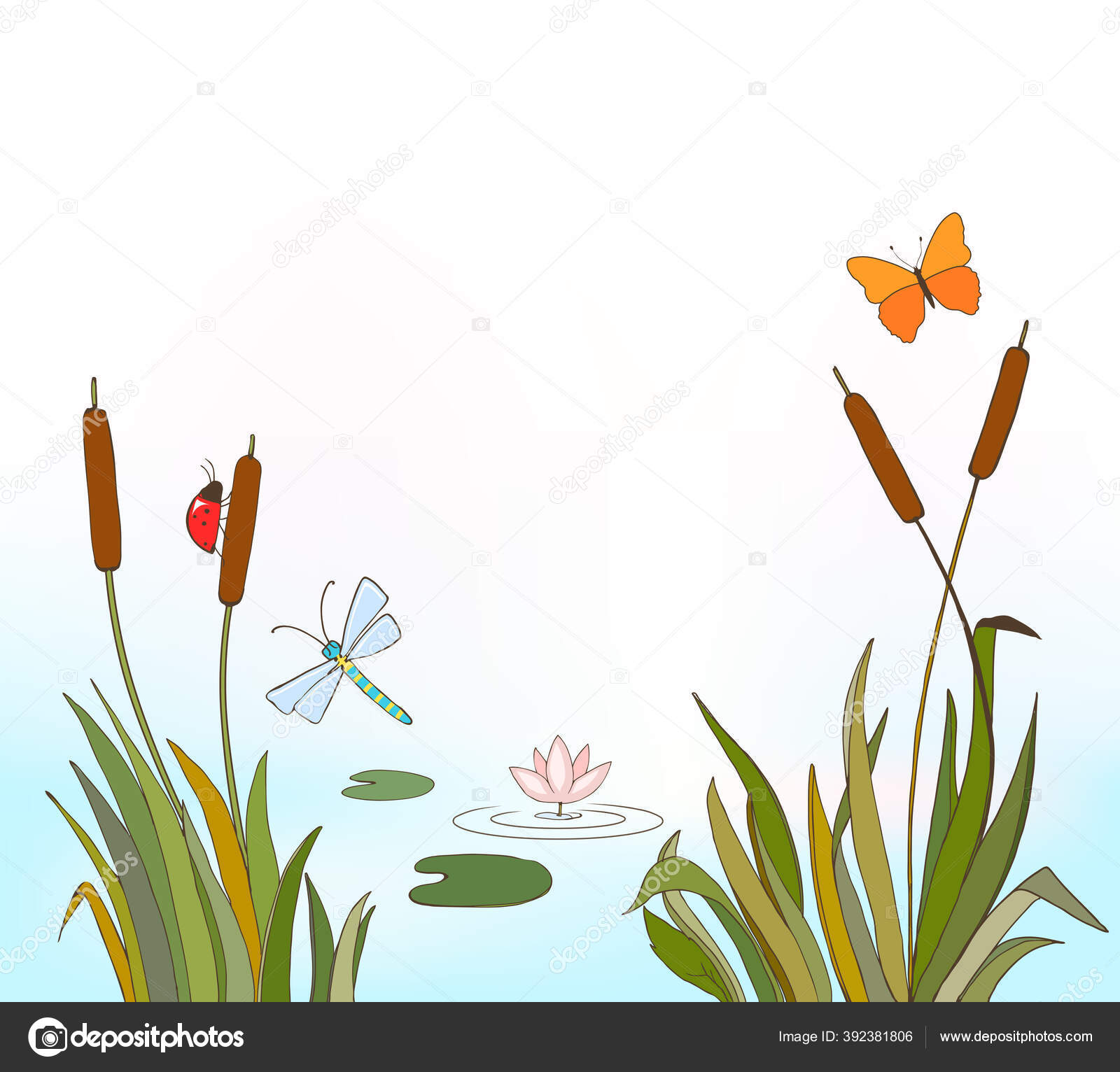 Gambar Vektor Kartun Alang Alang Dan Serangga Terbang Air Danau Vektor ...