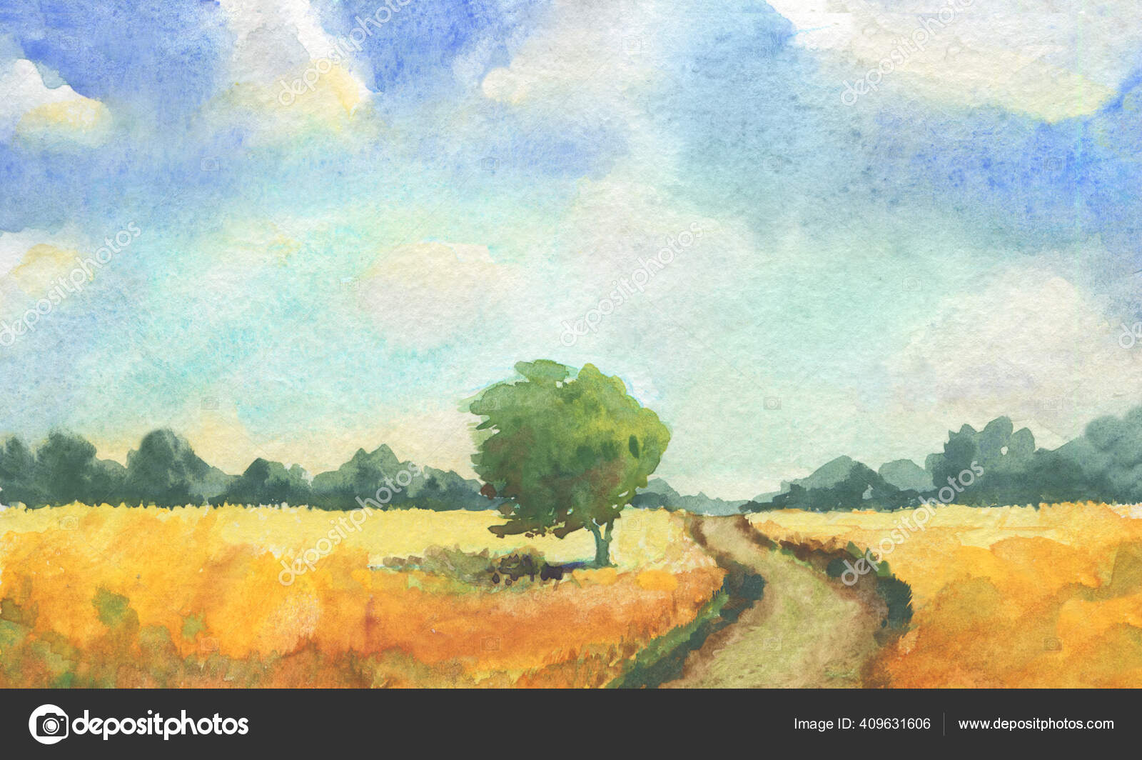 Rural Landscape Yellow Field Tree Path Trail Blue Sky Clouds Stock ...