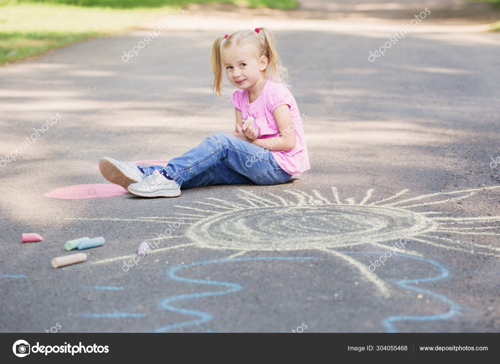 Little girl draws with chalk on pavement ⬇ Stock Photo, Image by ...