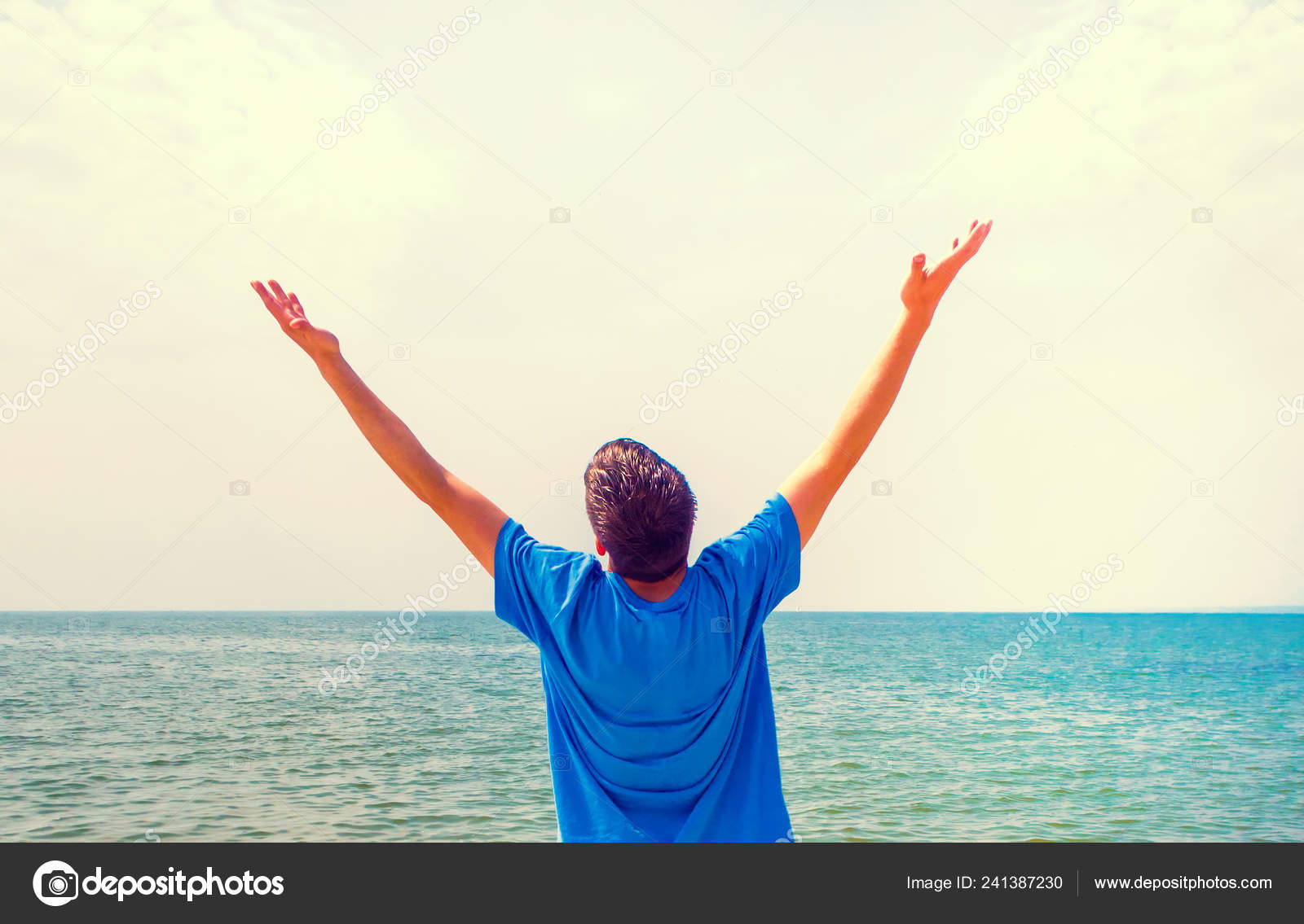 Rear View Happy Man Hands Sea Background — Stock Photo © sabphoto ...