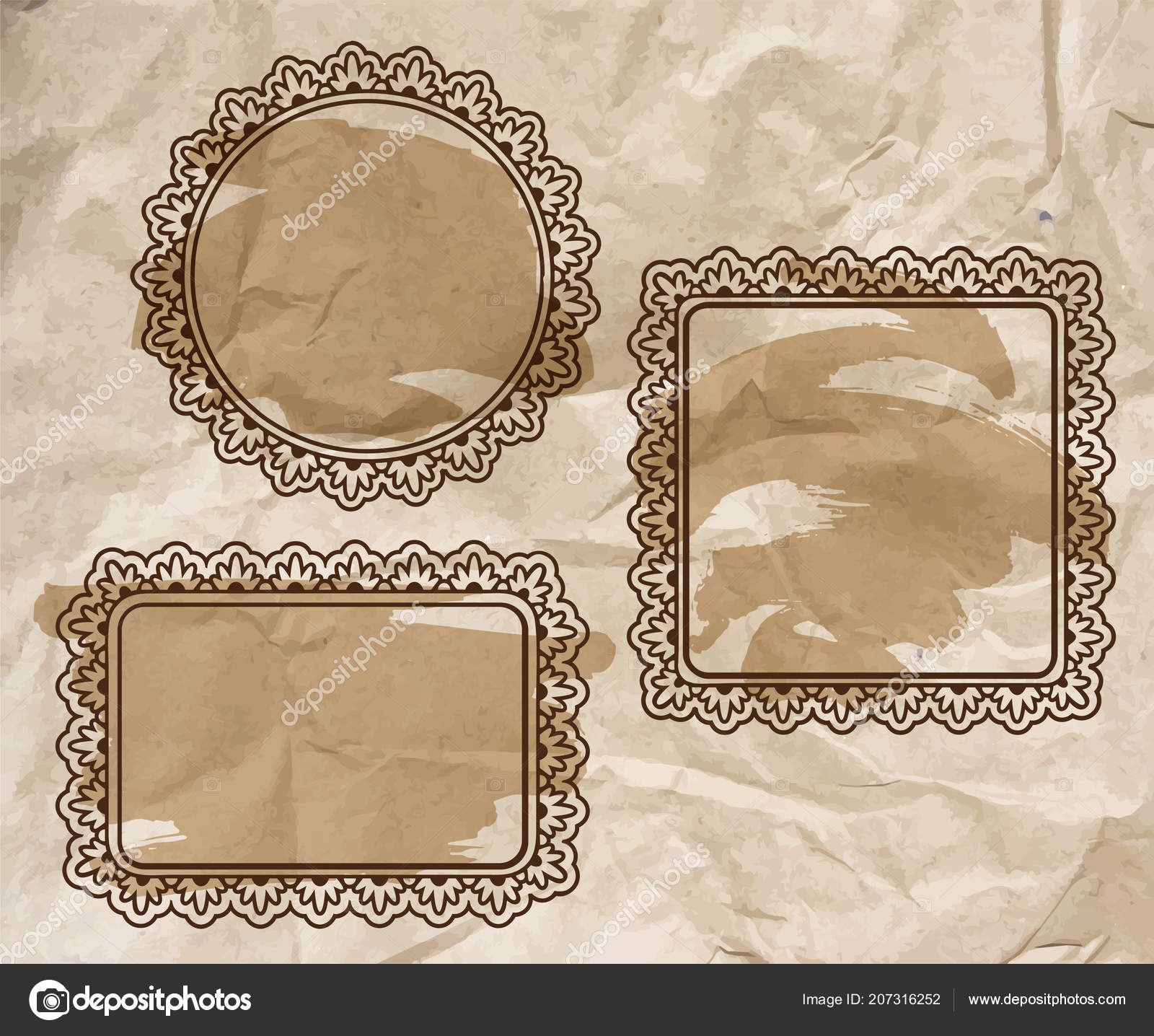 Floral Ornamental Blank Frames Set Vintage Brown Crumpled Craft Paper ...