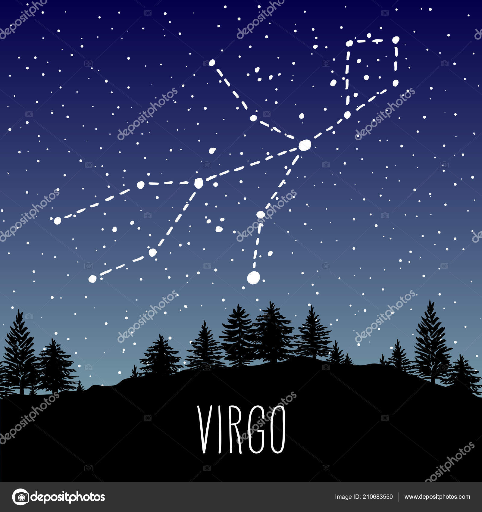 Virgo Hand Drawn Zodiac Sign Constellation Starry Night Sky Coniferous ...