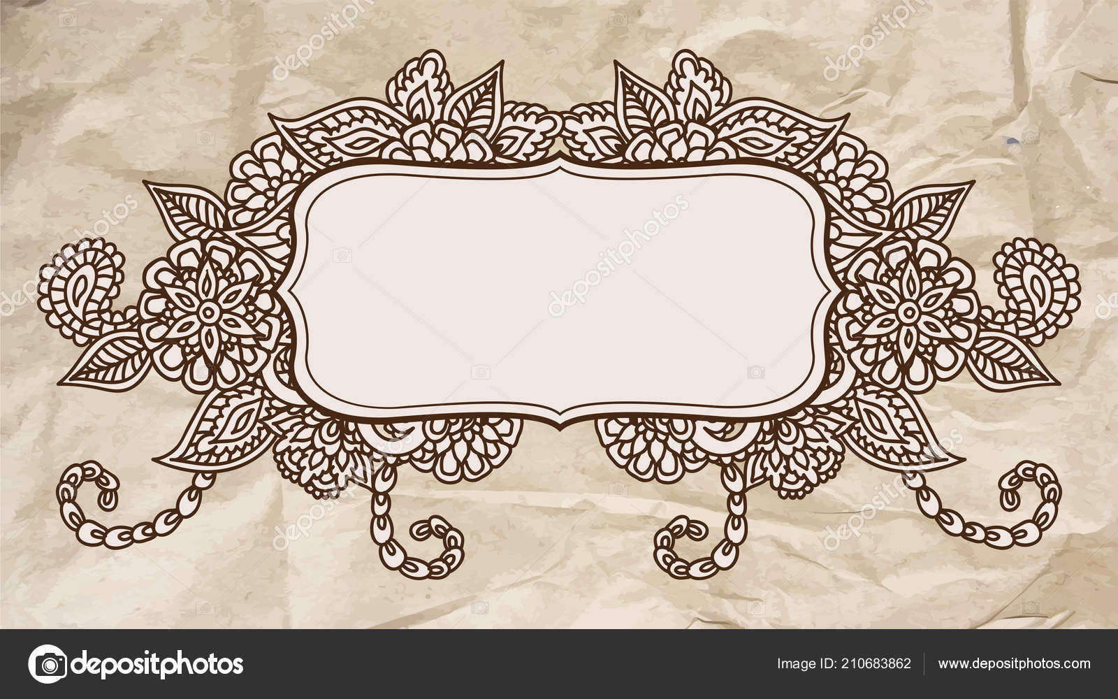 Doodle Floral Ornamental Blank Frame Vintage Brown Crumpled Craft Paper ...