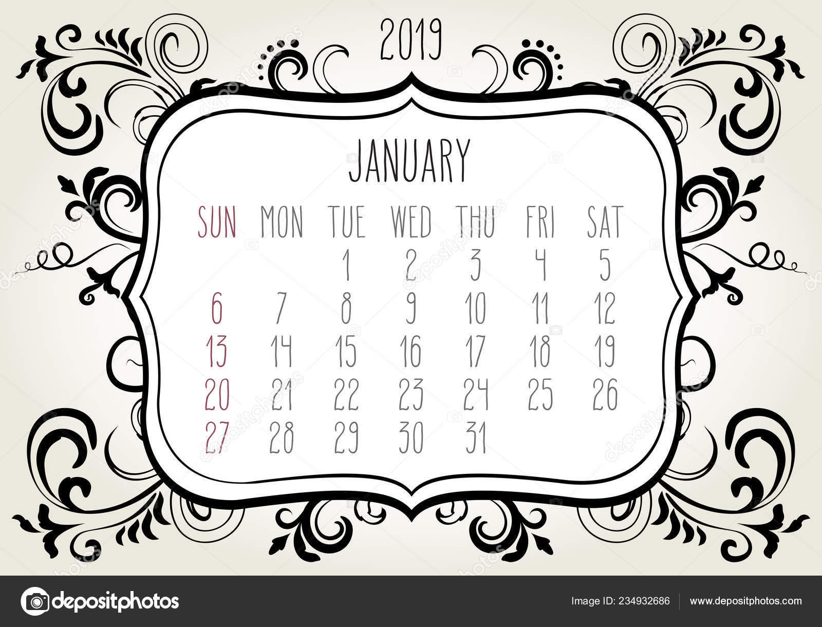 January Year 2019 Plain Contemporary Vector Monthly Calendar Week ...